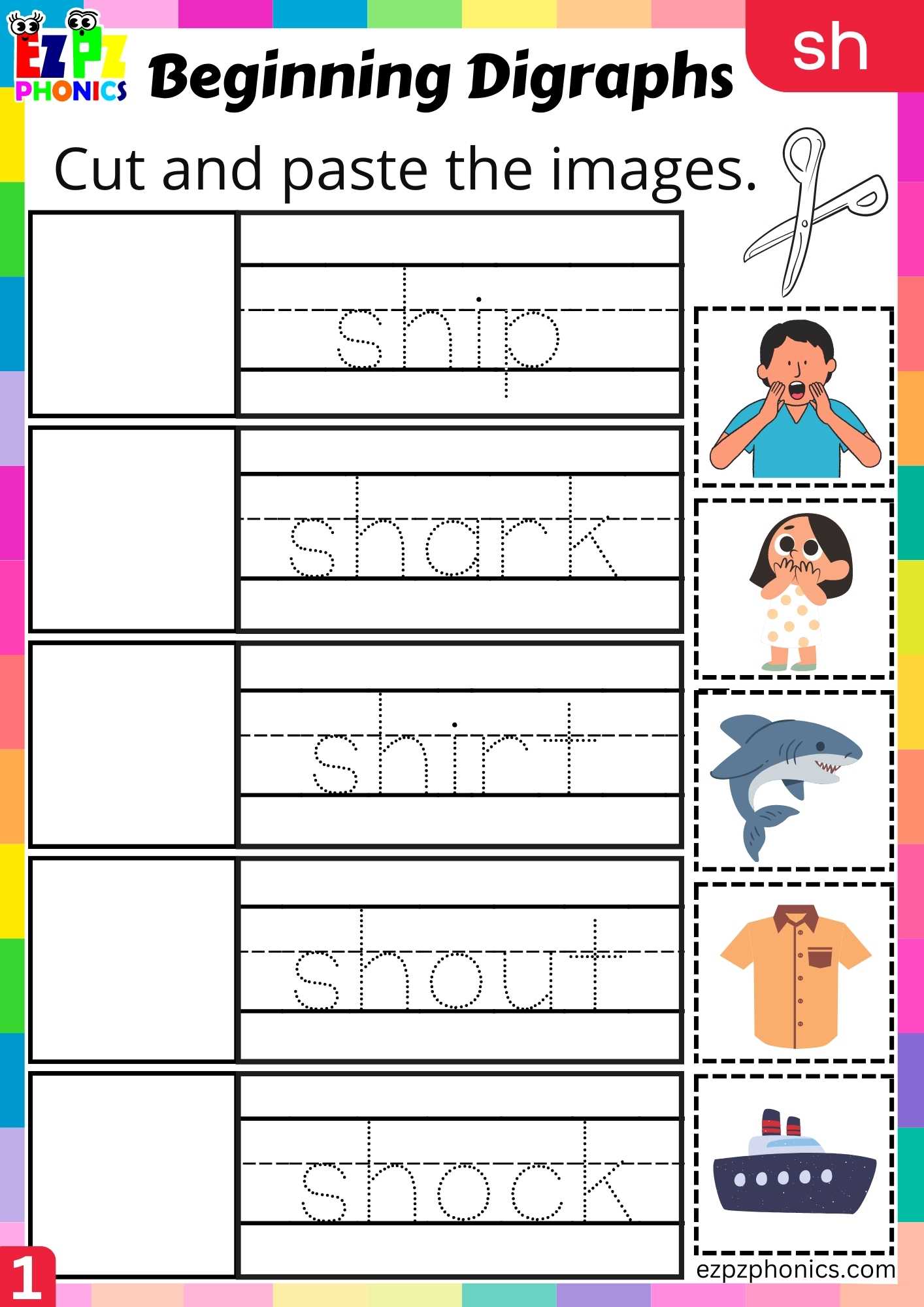 Group1 SH Words Cut And Paste The Images Consonant Digraphs Phonics Beginning Worksheet ...